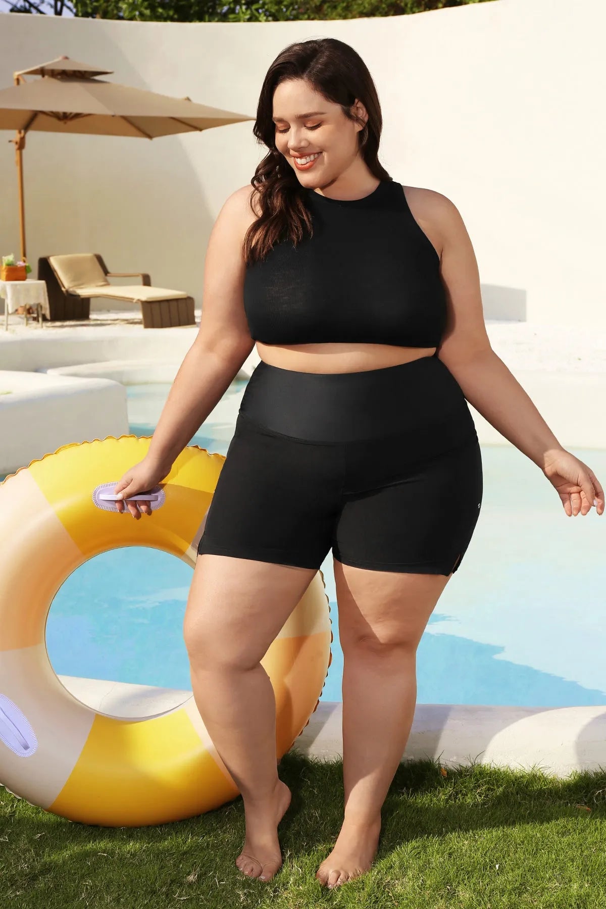 Solid Rise Waist Split Hem Swim Shorts – RITERA